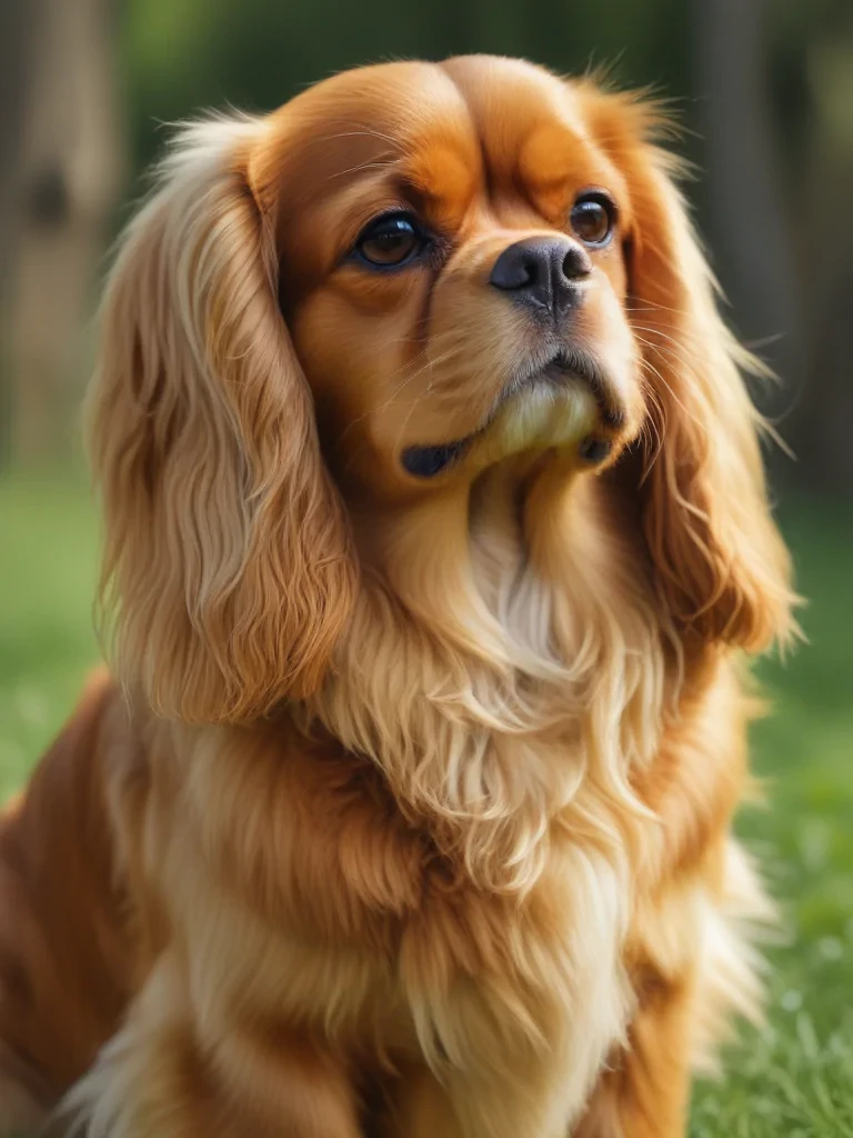 A Majestic Golden Cavalier King Charles Spaniel in a Serene Outdoor Setting
