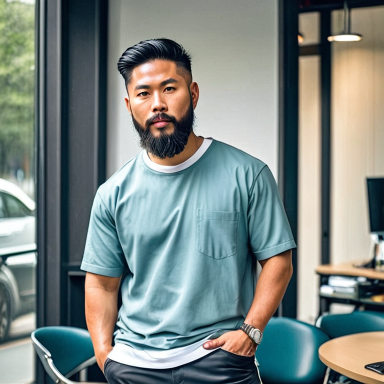 mixed asian man with beard at work with low fade haircut