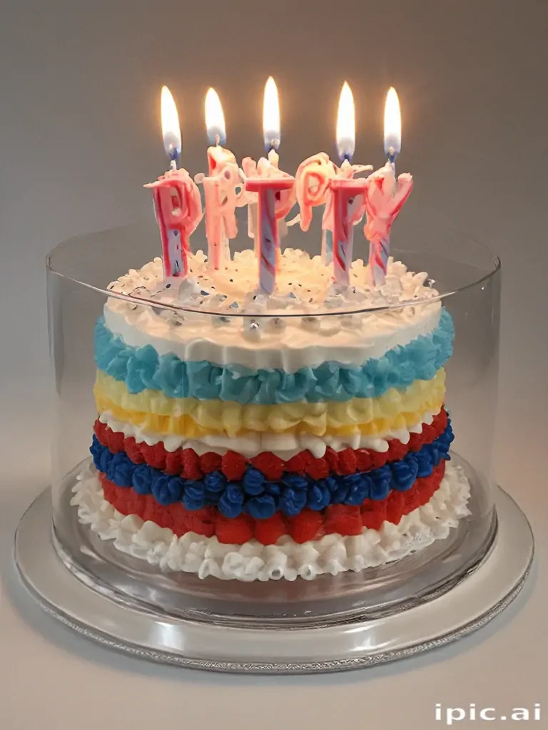 Colorful Layered Birthday Cake with Candles Celebrating a Special Occasion