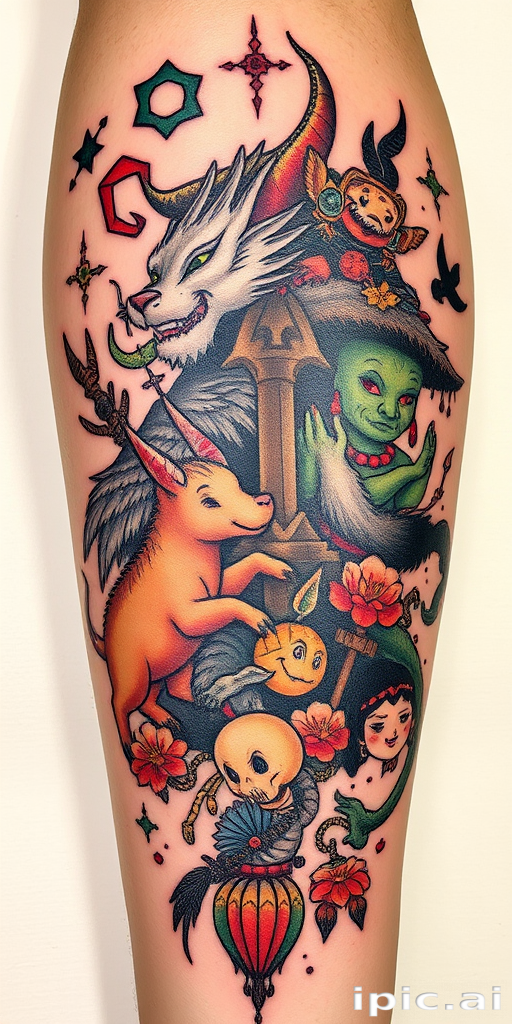 Whimsical Fantasy Tattoo Featuring Mythical Creatures and Enchanting ...