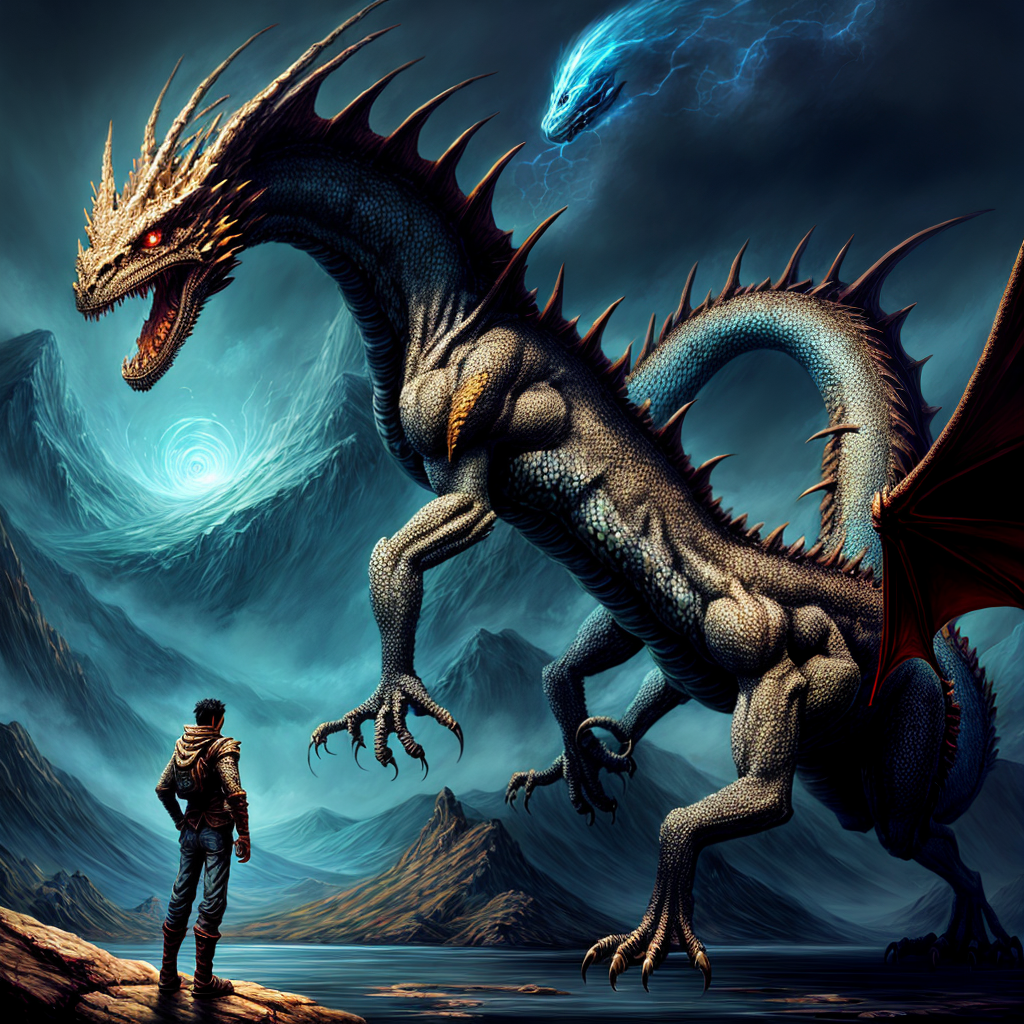 A painting of a person standing in front of a dragon, a detailed ...