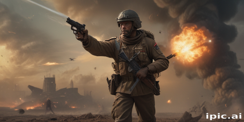 Brave Soldier Engaging in Battle Amidst Explosions and Chaos Around Him