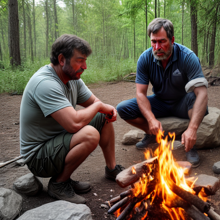 neanderthal man sitting around a camp fire making stone tools