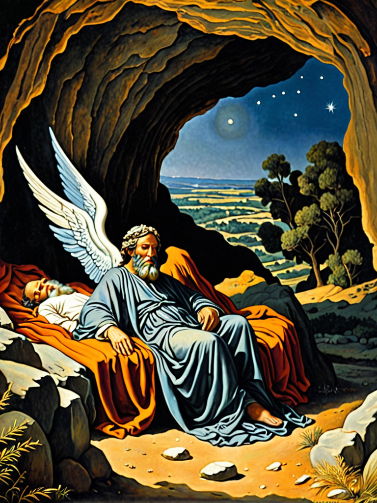 prophet Elijah sleeping in a cave being watched by an angel