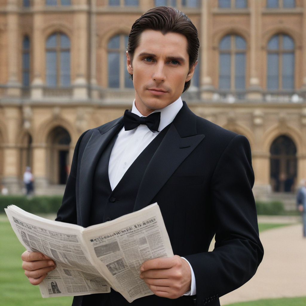 Christian Bale as bruce wayne in tuxedo, muscle, with a newspaper and ...