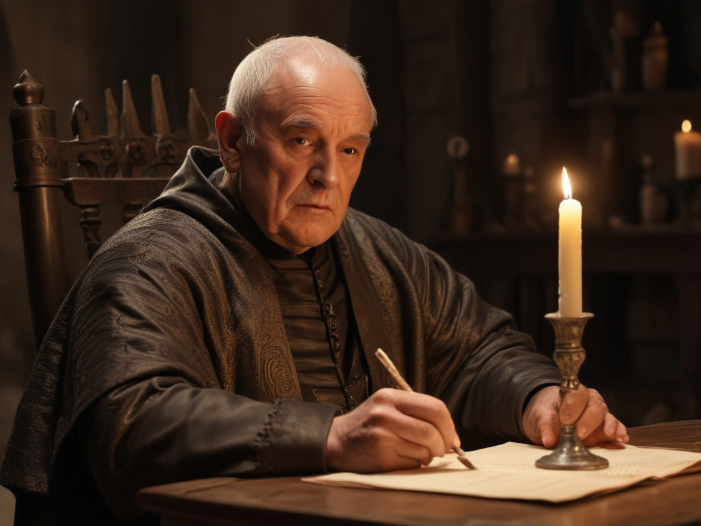 Maester of Game of Thrones seated with his back in a chair writing by ...