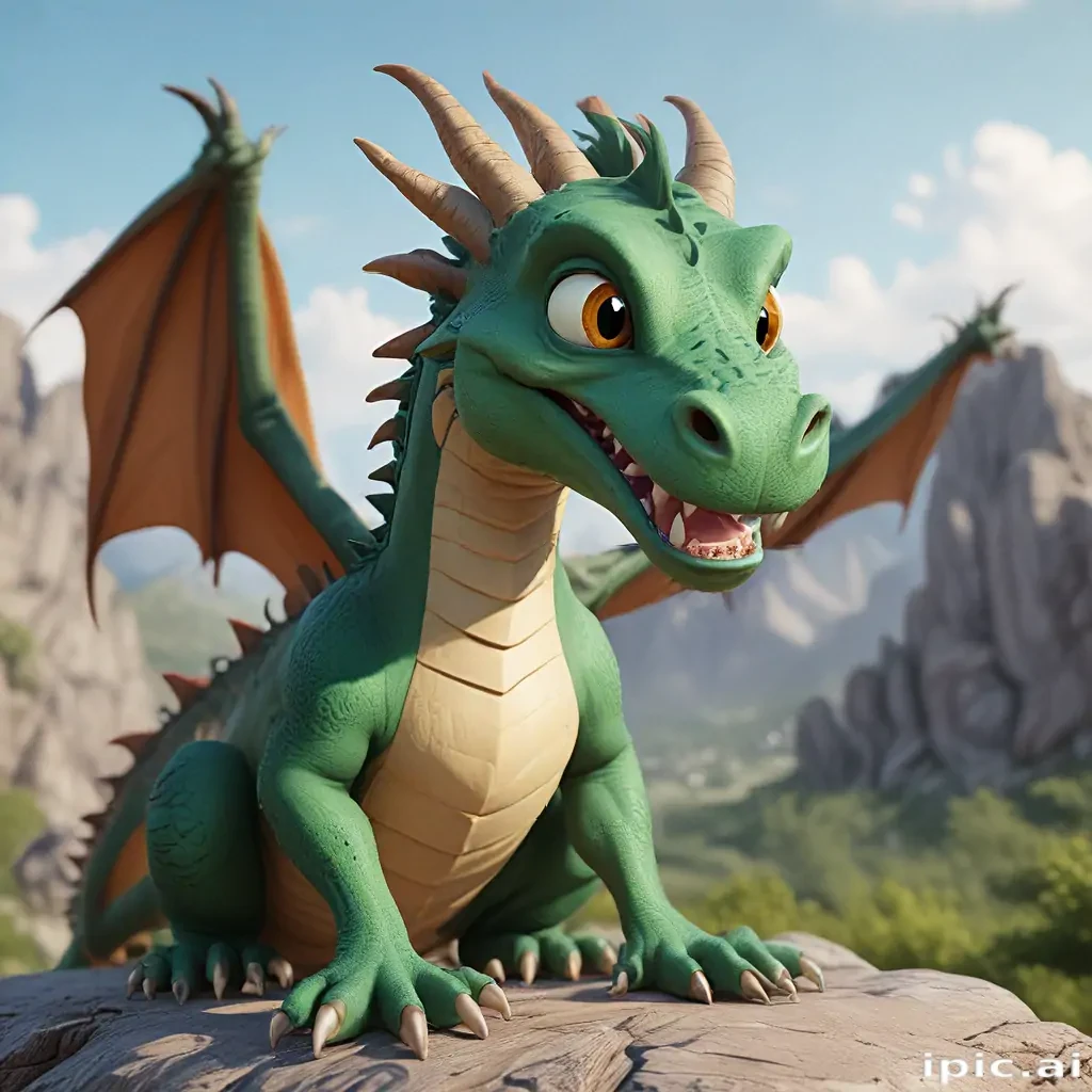 A Friendly Green Dragon with Wings Smiling on a Rocky Mountain Peak