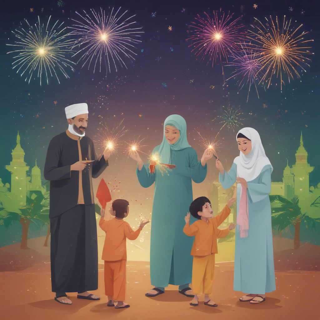 Vector style Hari Raya poster with happy muslim family playing ...