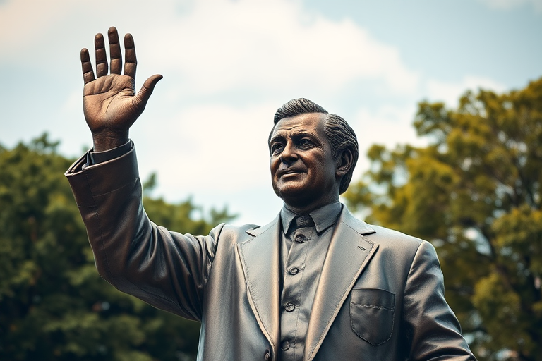 Bronze Statue of a Smiling Man Waving Against a Beautiful Nature Background