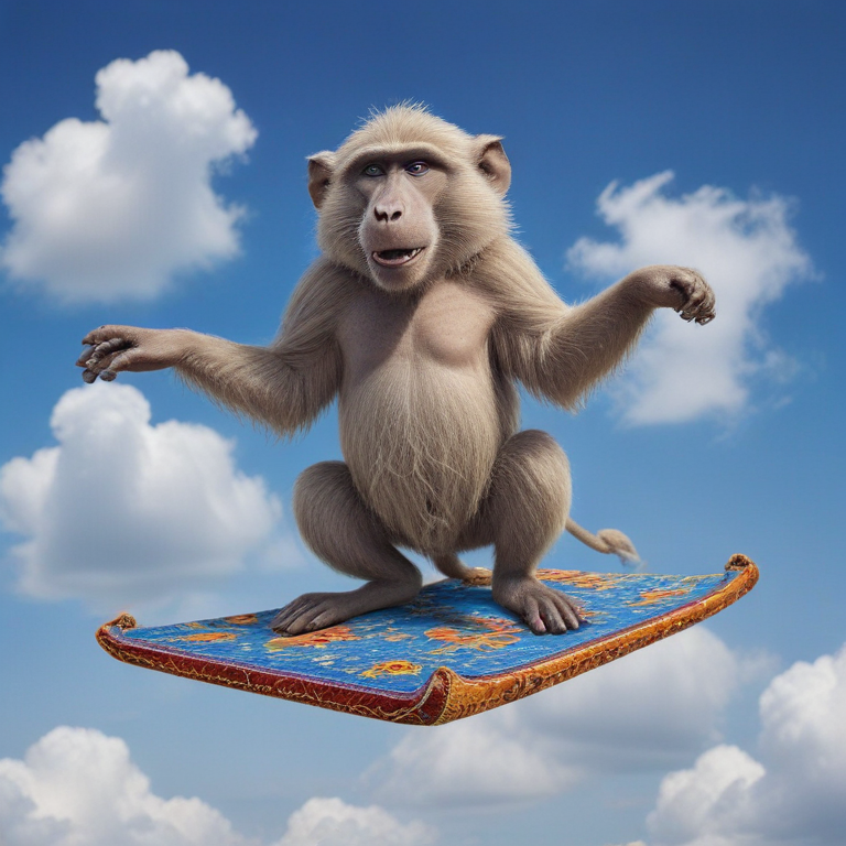 Blue Themed Cartoon Baboon riding a magic carpet through the blue sky ...