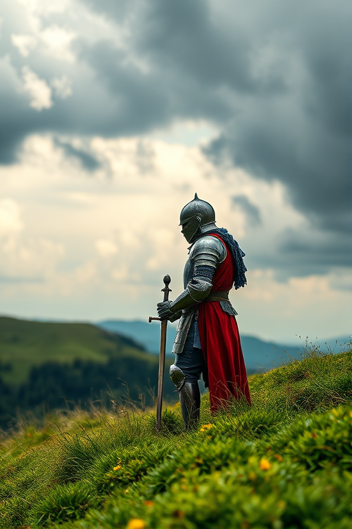 A Noble Knight Standing Vigilantly on a Scenic Mountainous Landscape