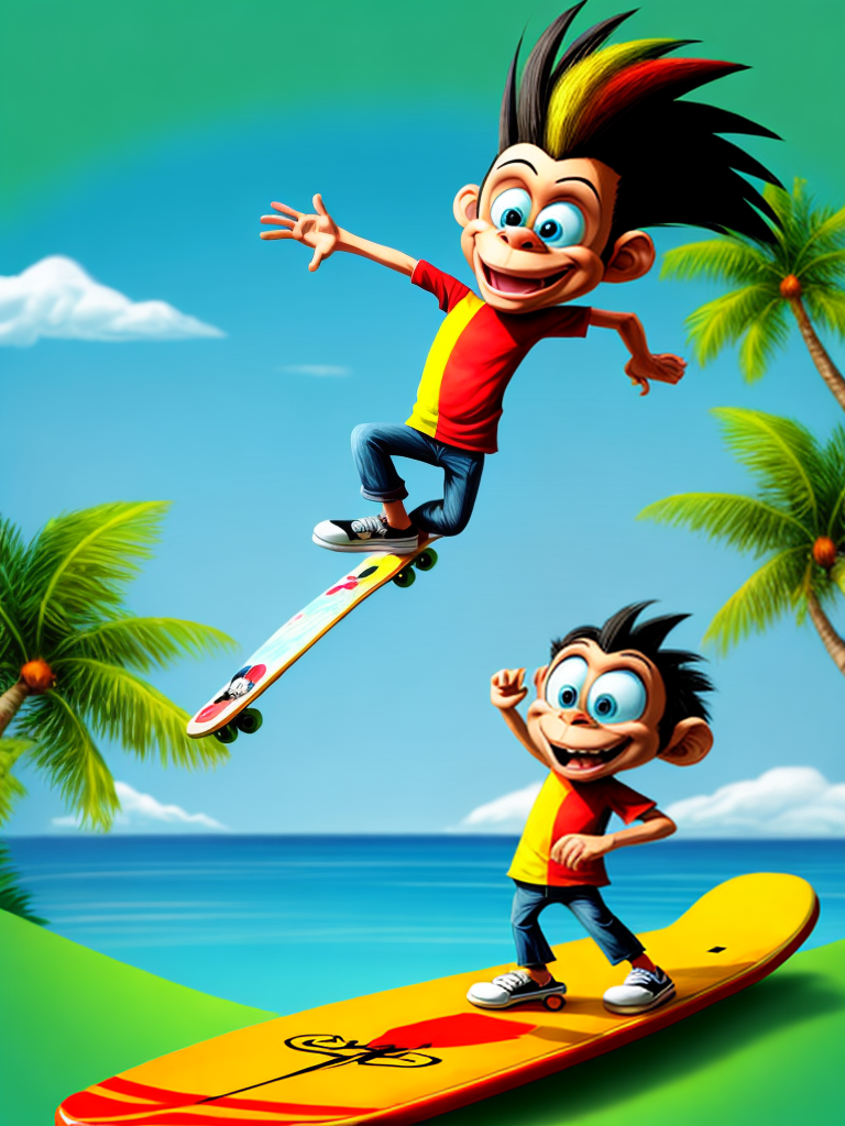 cartoon of a Crazy monkey with a mohawk on a skateboard with a ...
