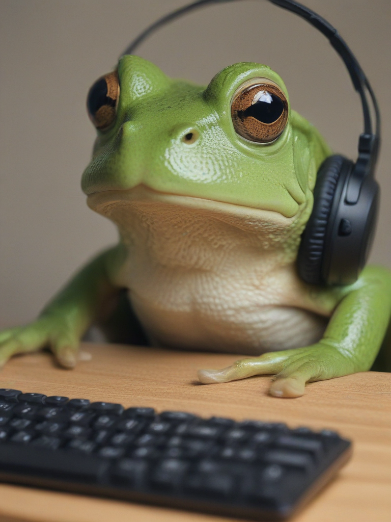 A realistic frog streaming from a webcam point if view with headset ...