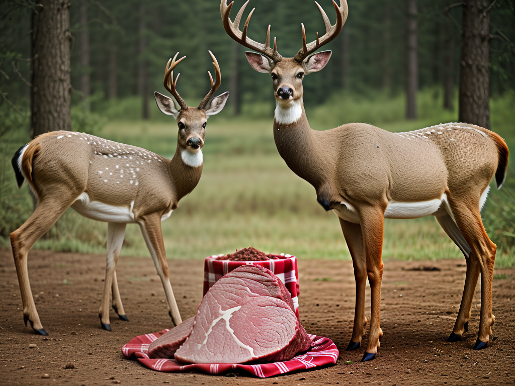 Two Curious Deer Approaching a Generous Feast of Delicious Meat
