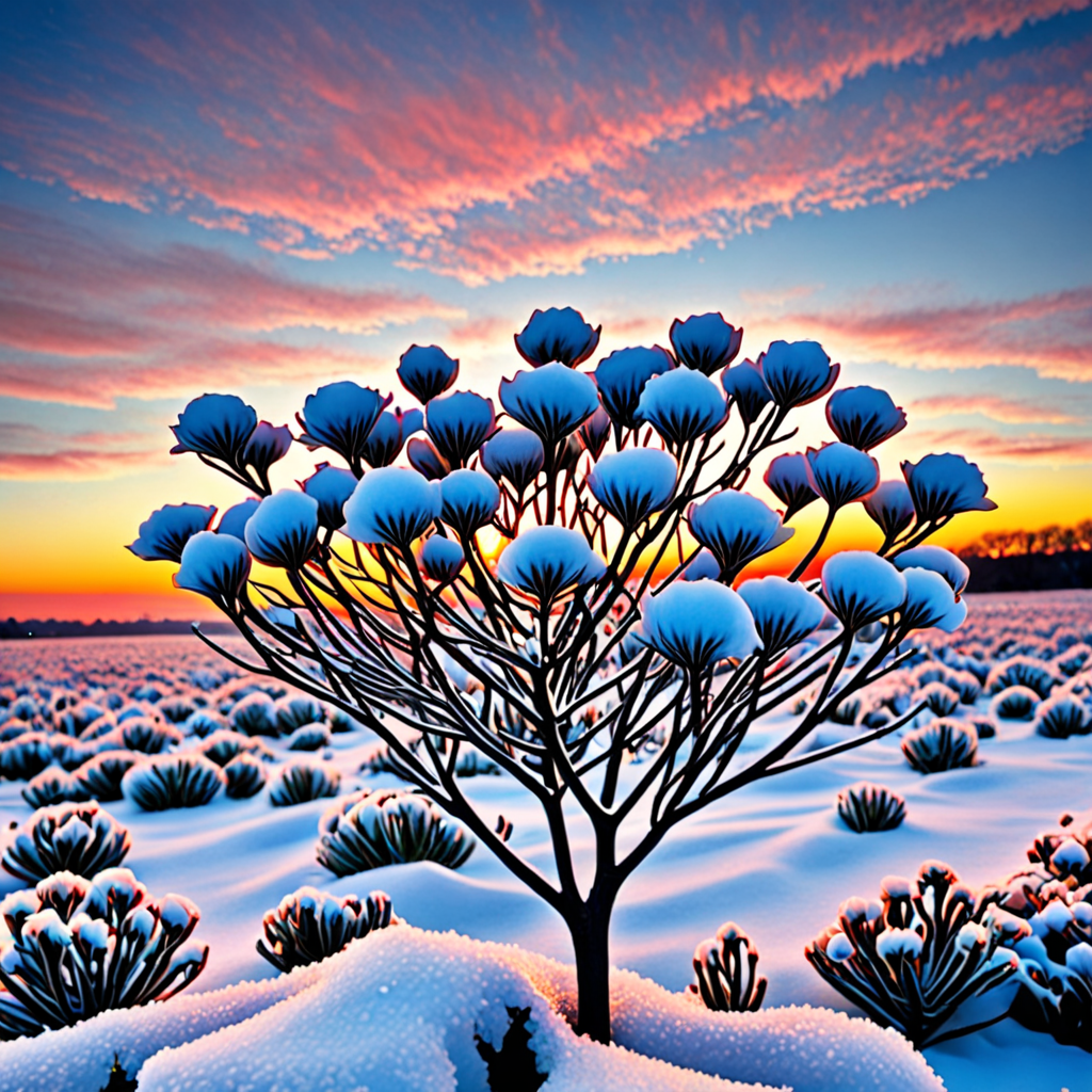 surrealism, winter flower, beautiful sunset