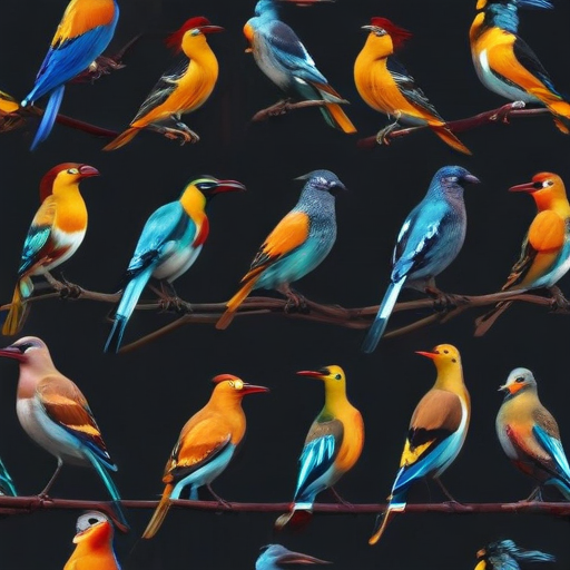 A Vibrant Array of Colorful Birds Perched on Branches Against Dark ...