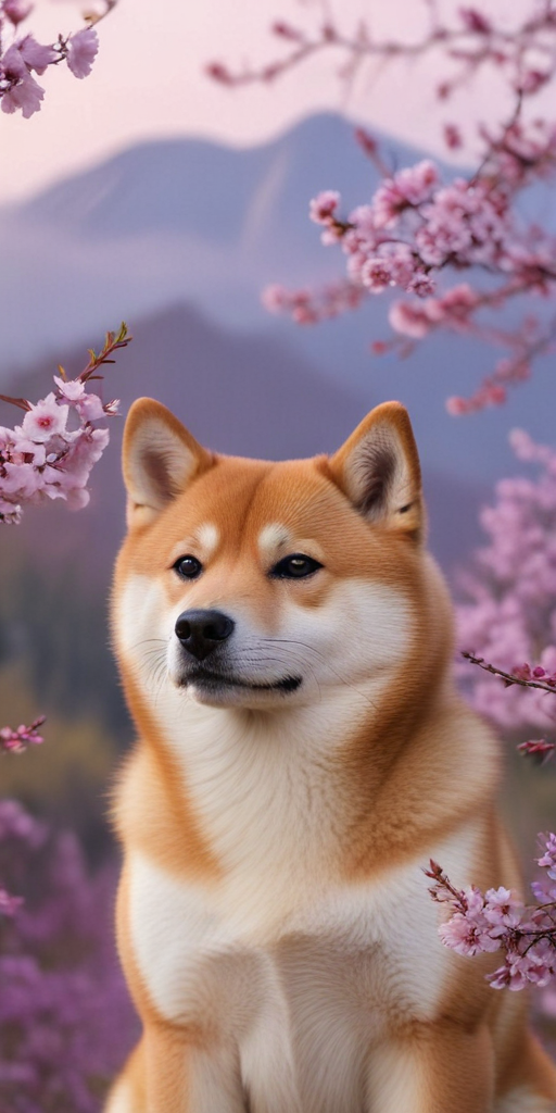 Shiba inu in front of purple foggy purple mountain background with ...