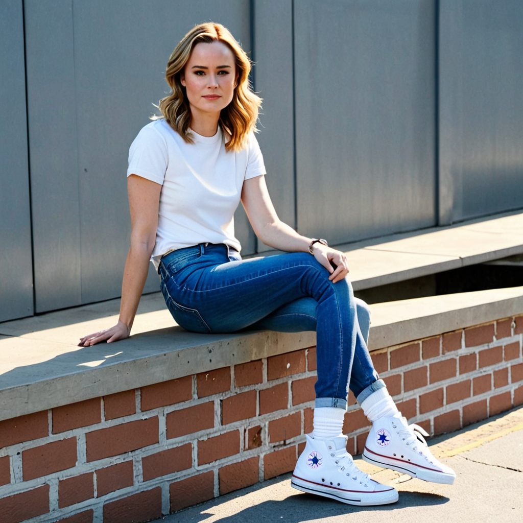 Mcu Brie Larson Carol Danvers Sitting in White Shirt, Blue Jeans, White ...