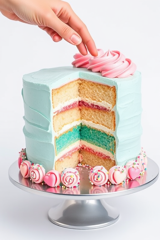 Deliciously Colorful Layer Cake with Frosting and Sweet Decorative Details