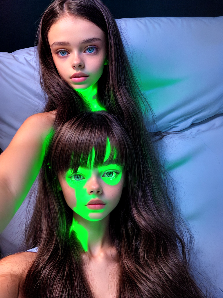 Meika woollard with glowing luminous hair in a dark room taking a selfie