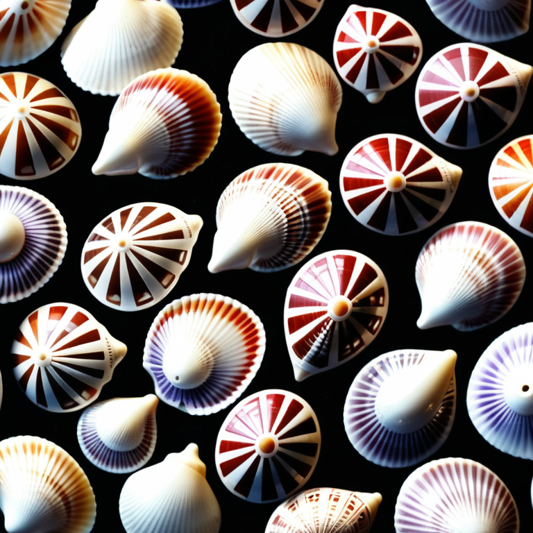 Colorful Collection of Striped Seashells Arranged Beautifully on a Dark ...