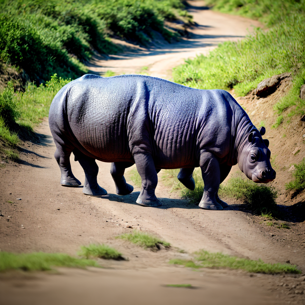 baby hippopotamus walking on mountain path - seen from rear
