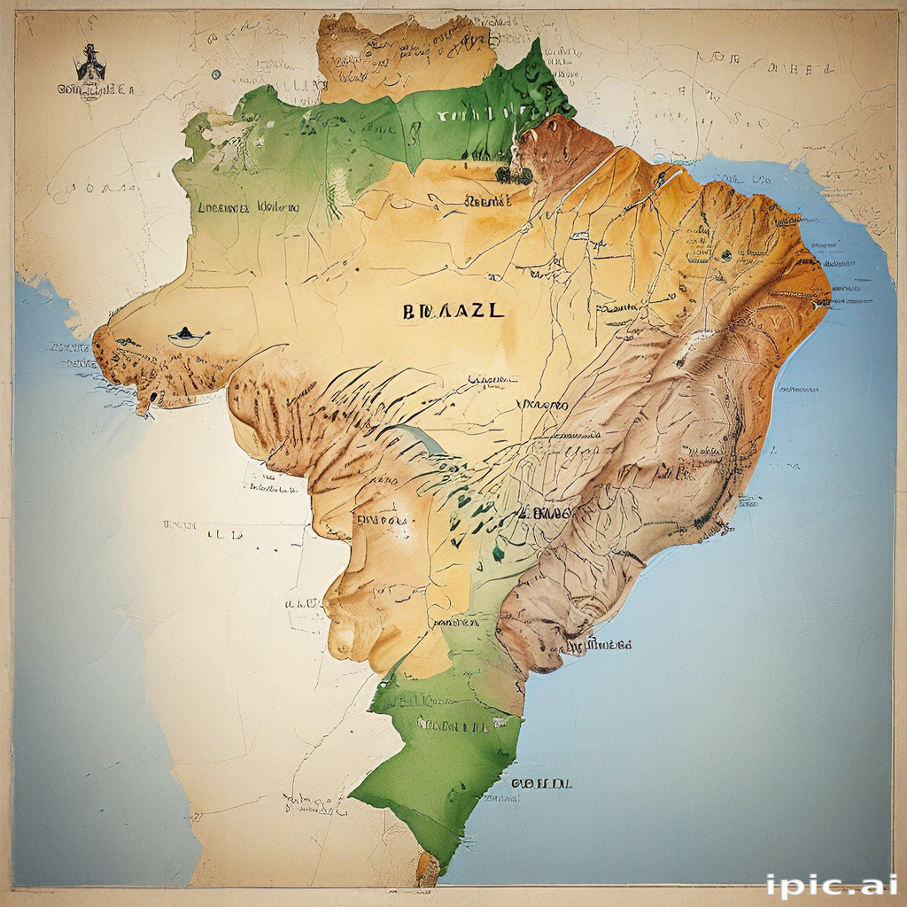 Detailed Vintage Map of Brazil Highlighting Geographic Features and Regions