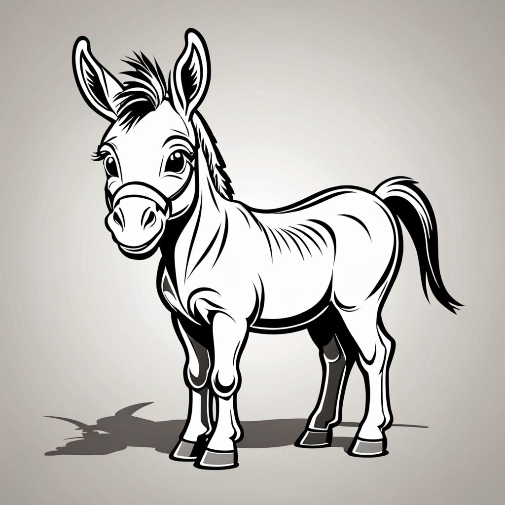 simple line drawing of cartoon Pixar style happy donkey colt low detail ...