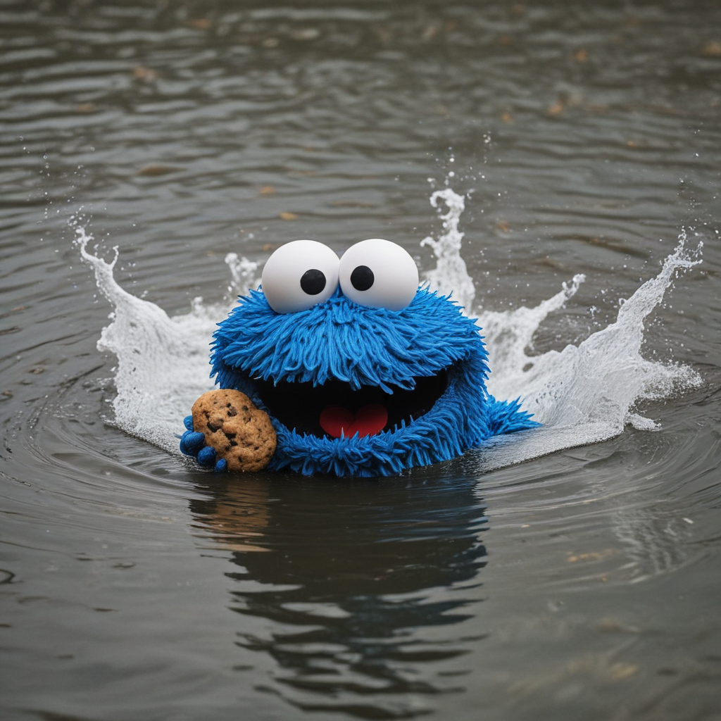 cookie monster swimming in water