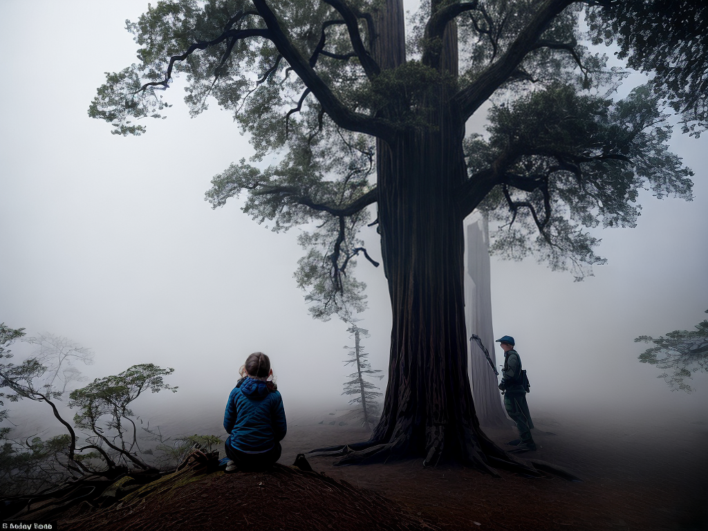 one scared girl sitting at the base of a redwood tree in the forest ...