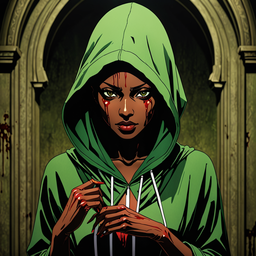 A lone dark-skinned woman with a green rogue hood outfit coming out ...