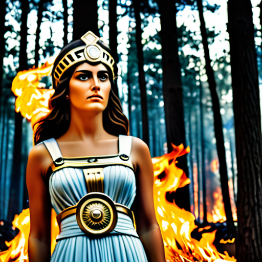 Goddess Athena watching the forest burn with fire