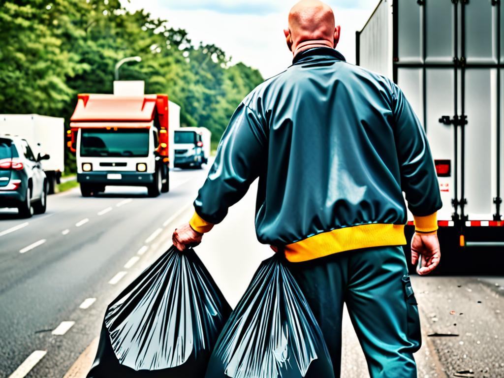 realistic handsome bald older muscular garbagemen from behind carrying ...