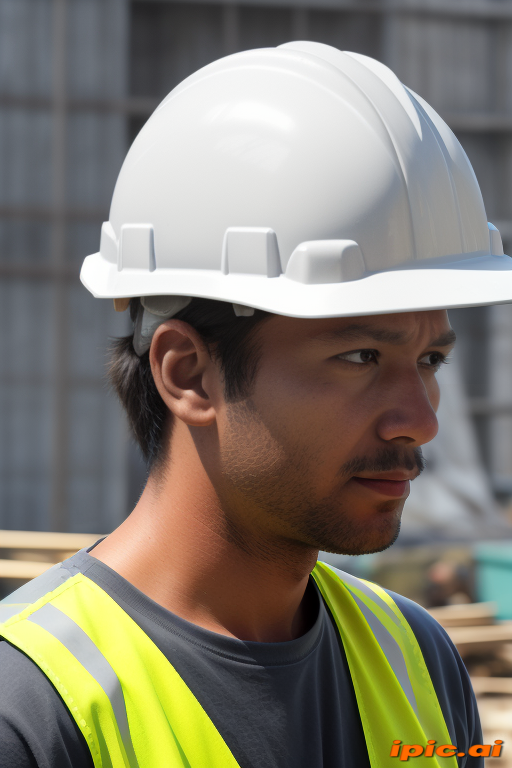 Construction Worker Wearing Safety Helmet and Reflective Vest at Job Site