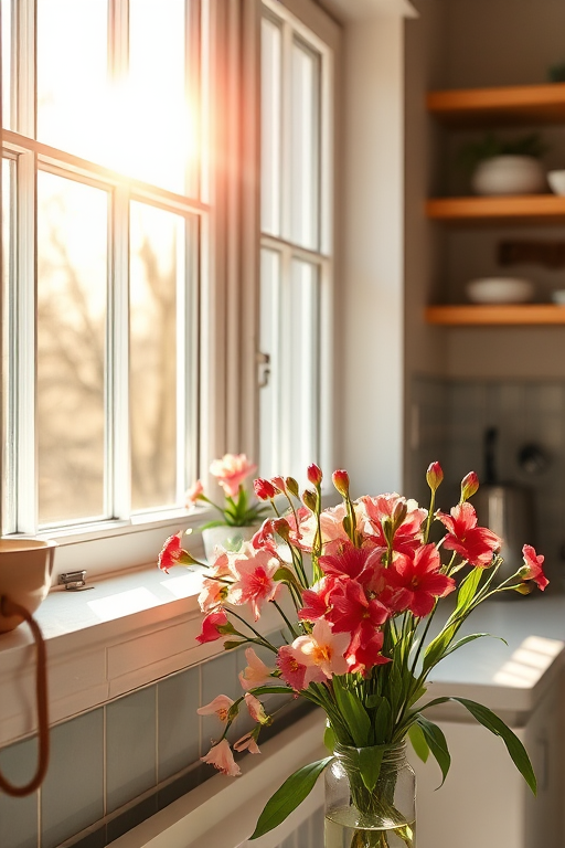 Sunlight Streaming Through Window Illuminates Vibrant Flowers in Cozy ...
