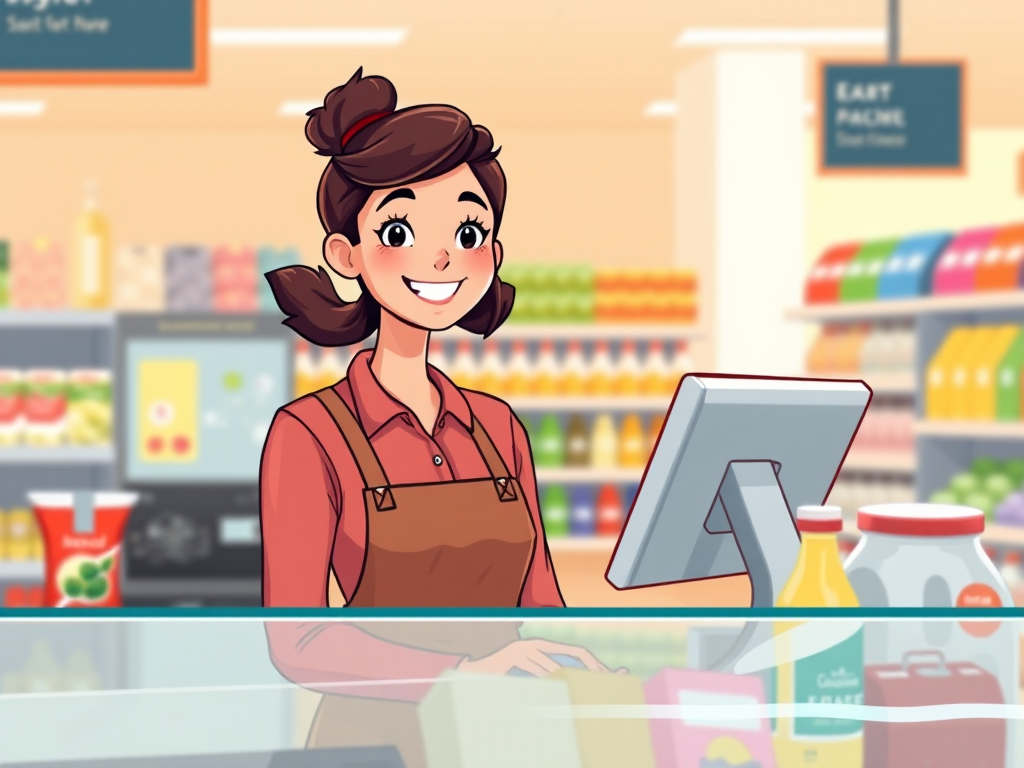 A Friendly Grocery Store Cashier Smiling Behind the Checkout Counter.