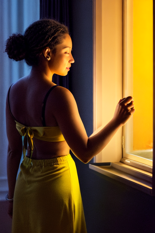 woman closing the window of her room at night