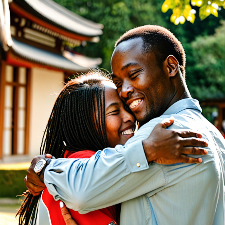 Asian, African and European people hugging