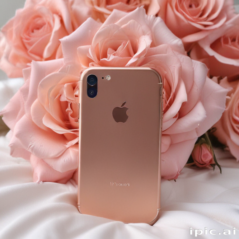 Elegant Rose Gold iPhone Surrounded by Soft Pink Roses and Silk
