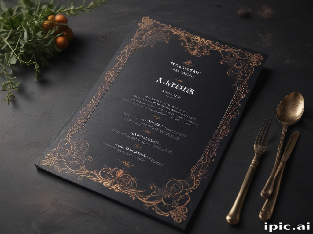 Elegant Menu Design Featuring Intricate Gold Embellishments and Dark ...