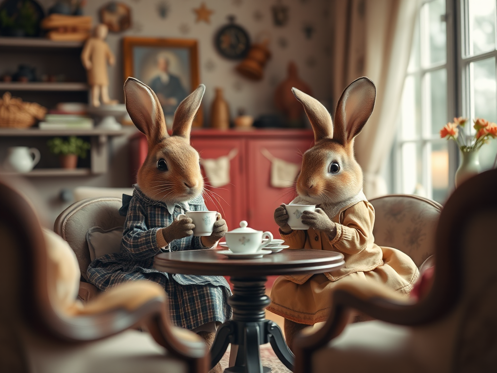 Two Charming Rabbits Enjoying Tea Together in a Cozy Living Room