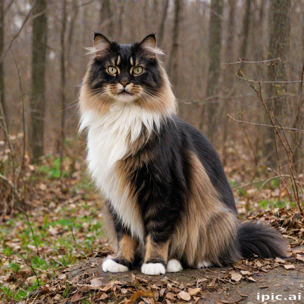 A Majestic Long-Haired Cat Posing Gracefully in a Forest Setting.