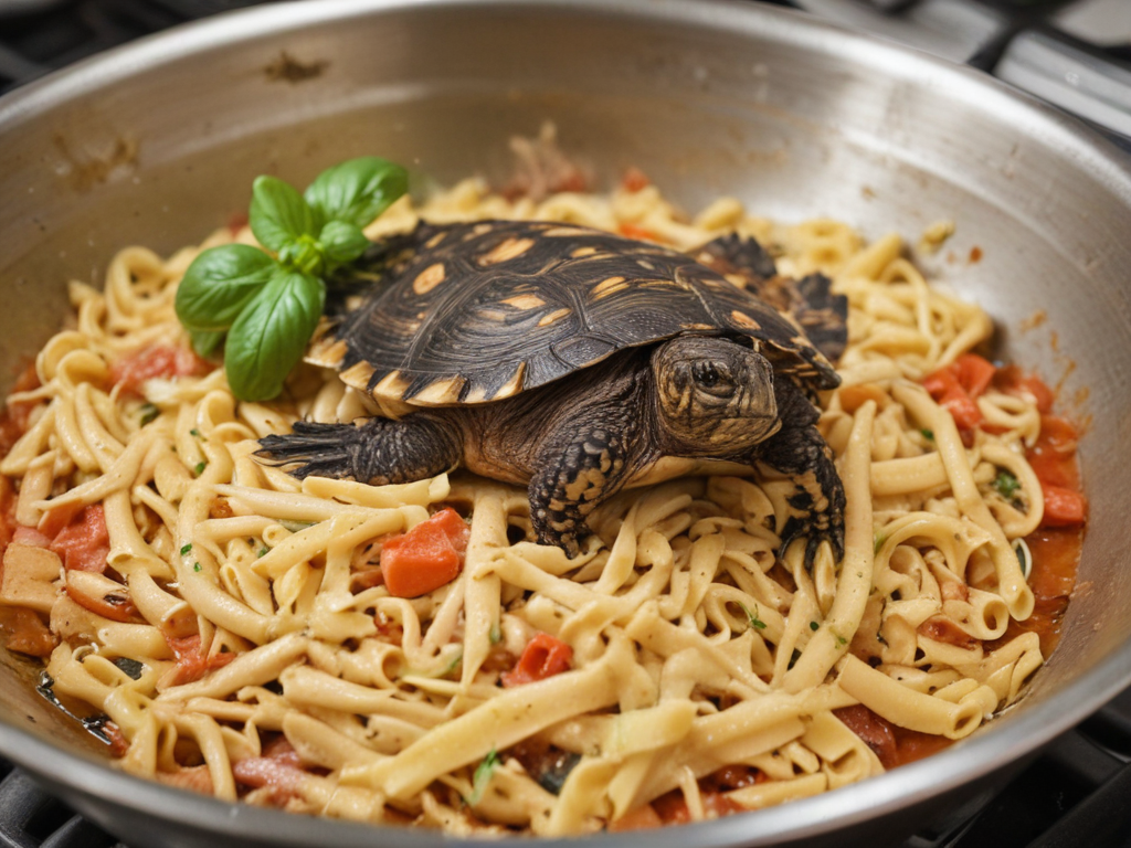 a turtle cooking pasta