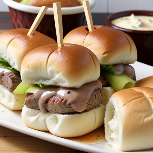Delicious Sliders on Soft Buns with Tangy Sauce and Fresh Garnishes.