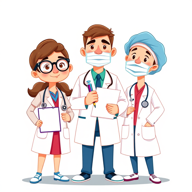 Three Friendly Cartoon Doctors Ready to Help and Heal Their Patients