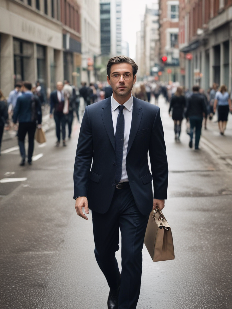 A bussiness man leaving a busy office building walking out onto a very ...