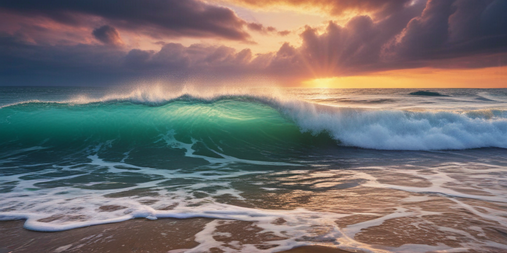 Captivating Sunset Over the Ocean with Waves Crashing on the Shore