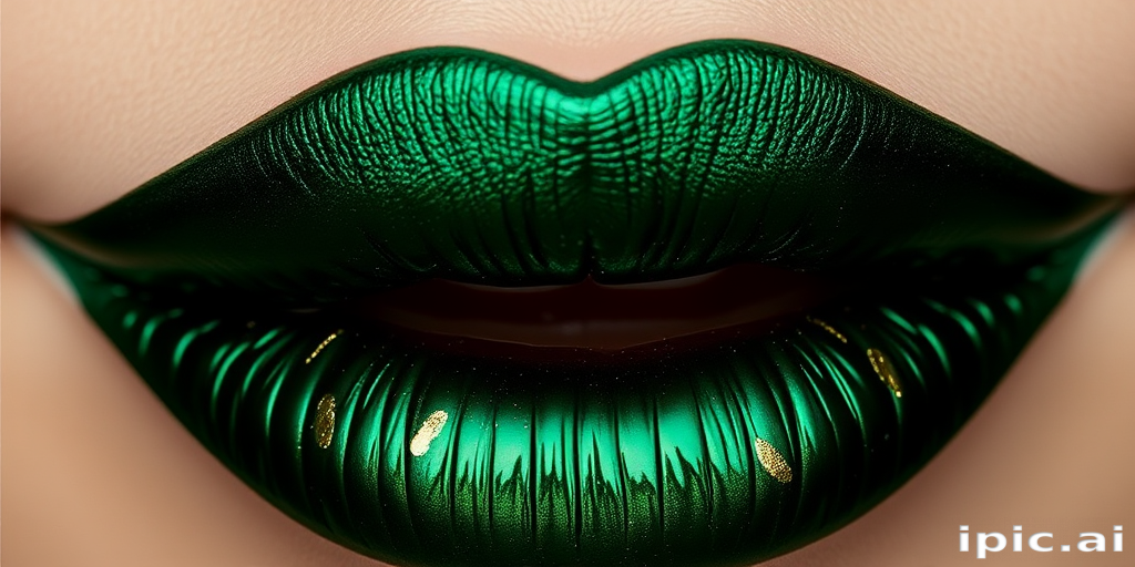 Vibrant Green Lips with Shimmering Gold Accents for Bold Fashion Statement