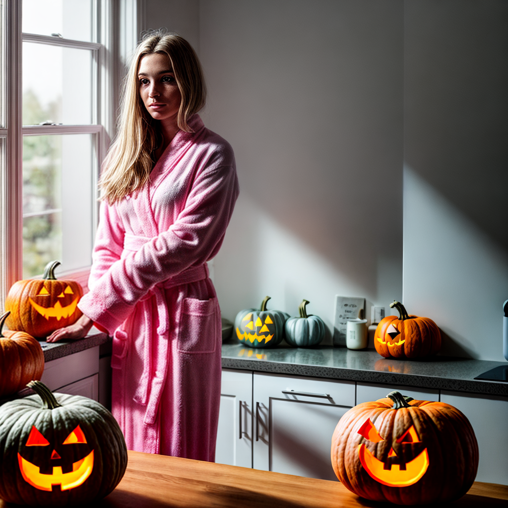light-haired femaile in pink robe standing next to lit halloween ...
