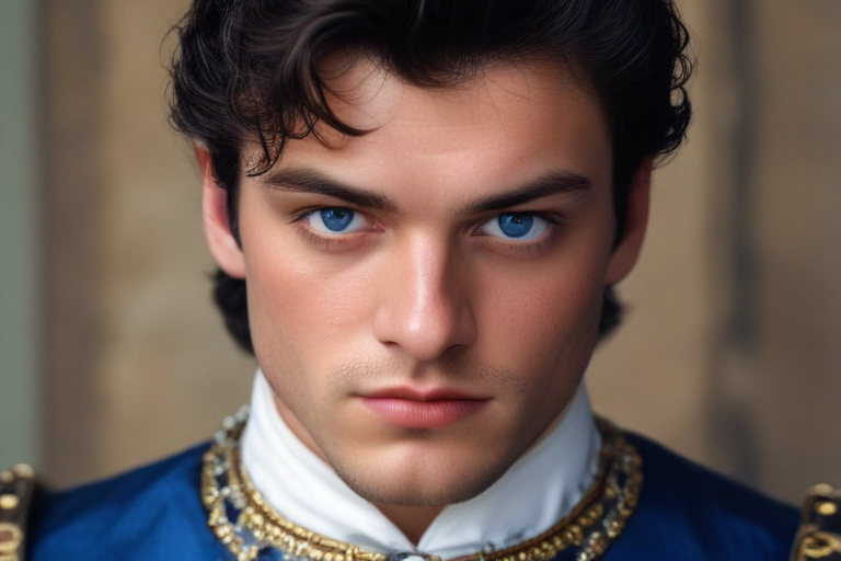tudor era knight, dark hair, blue eyes, dimples, masculine